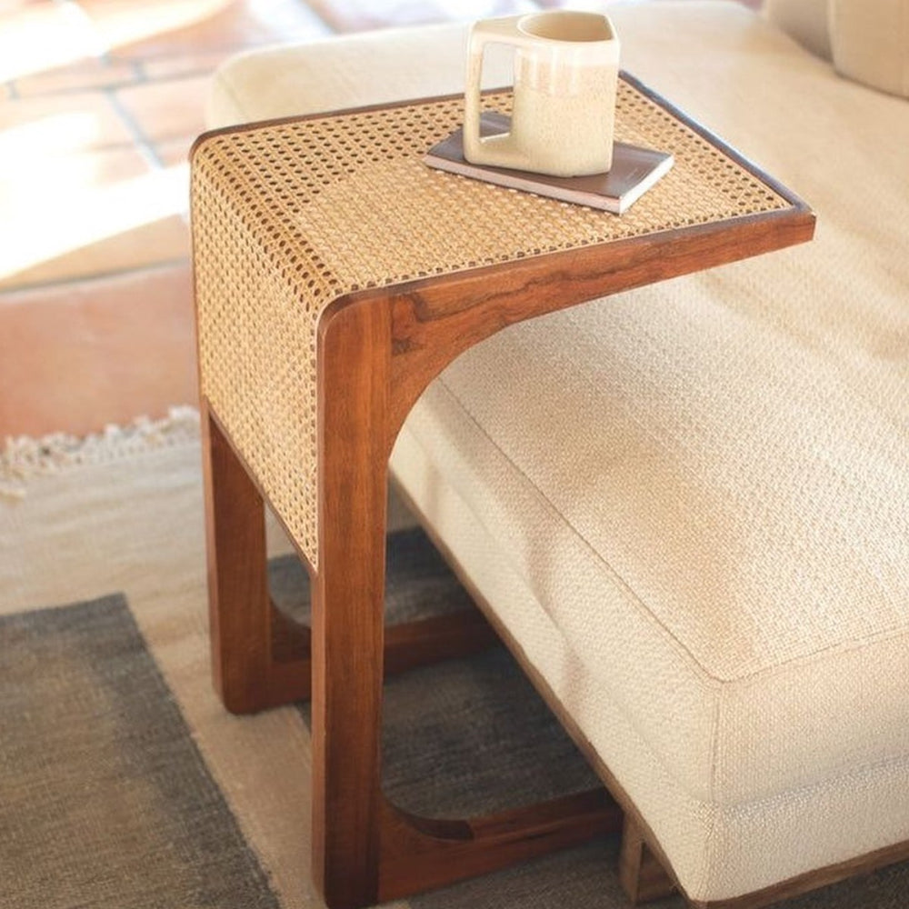 Elea Walnut Wood & Rattan Side Table – Nismaaya Decor